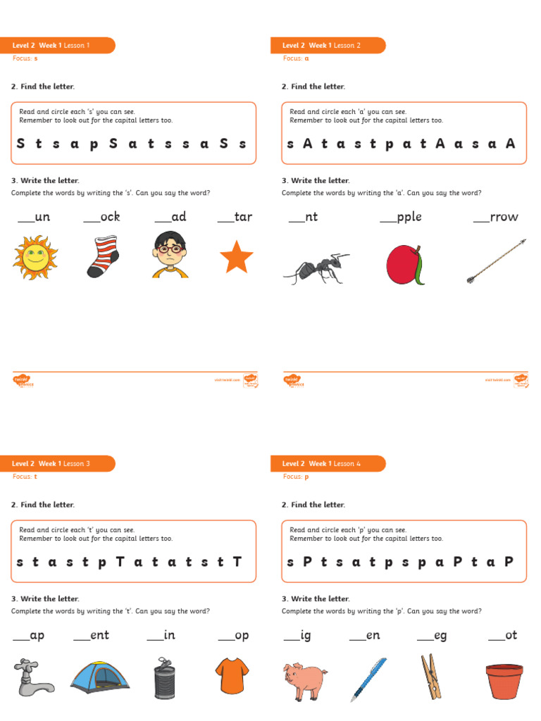 Level 2 Phonics Lessons: s, a, t, p | PDF