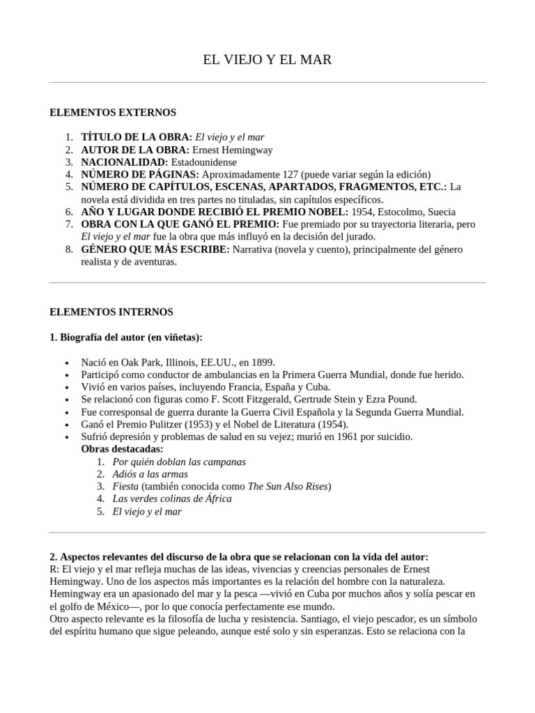 Resumen El Viejo y El Mar de Ernest Hemingway | PDF | Ernest Hemingway