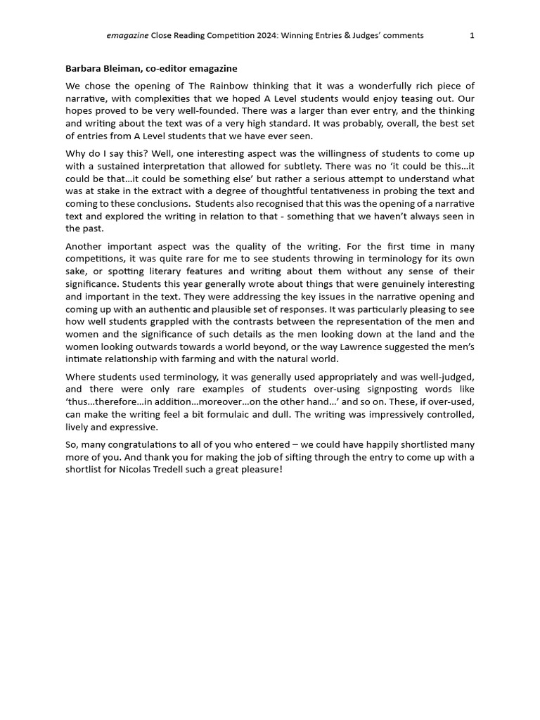 Emc Close Reading Competition 2024 Winners | PDF