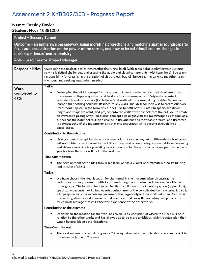 Assessment 2 Progress Report - Cassidy Davies n10881000 | PDF