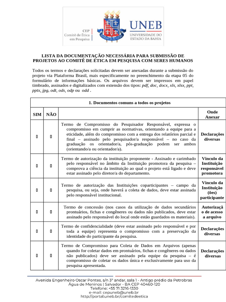 Lista de Documentacao Necessaria para Submissao de Projetos Ao CEP | PDF