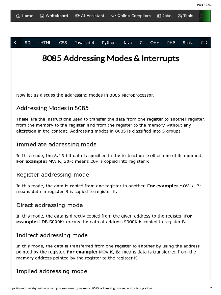 8085 Microprocessor Addressing Modes and Interrupts | PDF | Computer Architecture | Digital ...