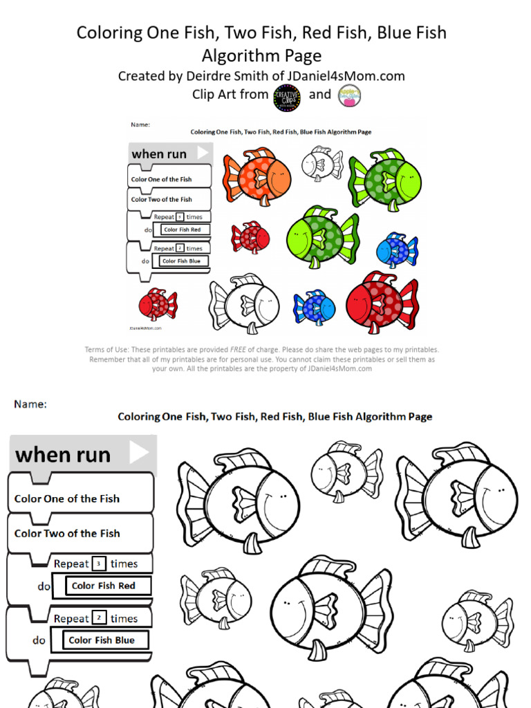 Coloring One Fish Two Fish Red Fish Blue Fish Algorithm Page | PDF