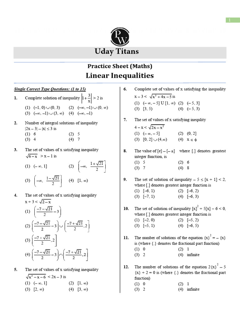 Maths Practice: Linear Inequalities | PDF | Mathematical Analysis ...
