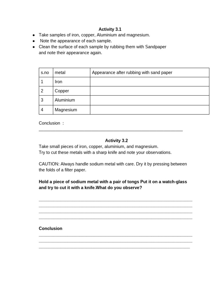 Worksheet of All Activities of Chapter 3 Metals and Non Metals | PDF ...