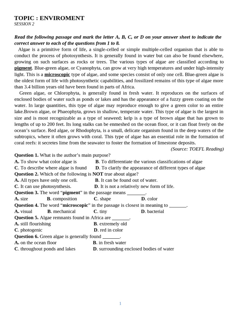 Topic Enviroment - Practice Reading - S2 | PDF | Algae | Fungus