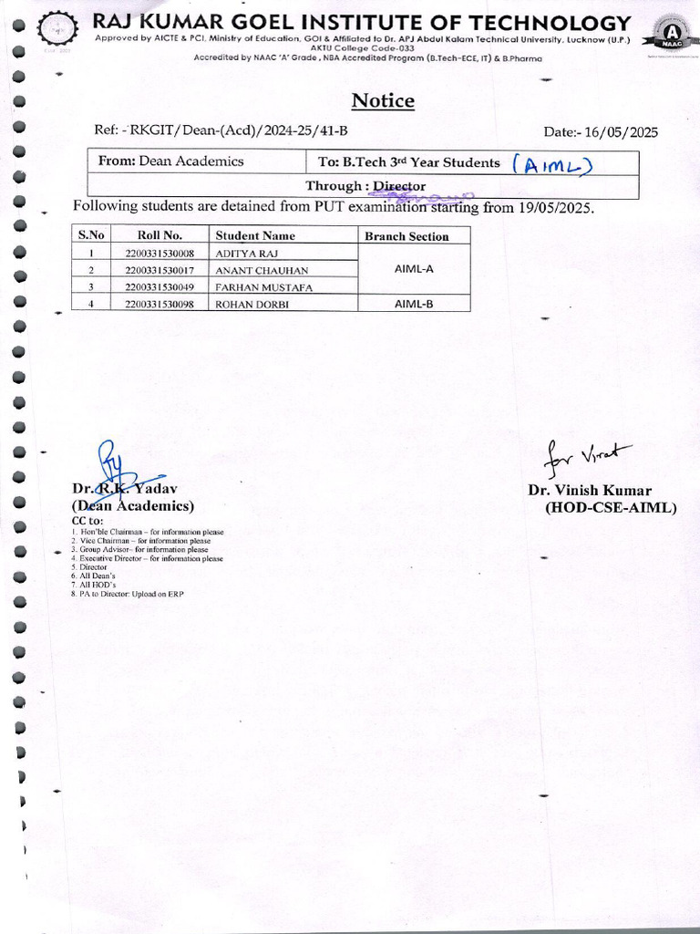 Aiml 3rd Year Detained List - 0001 | PDF