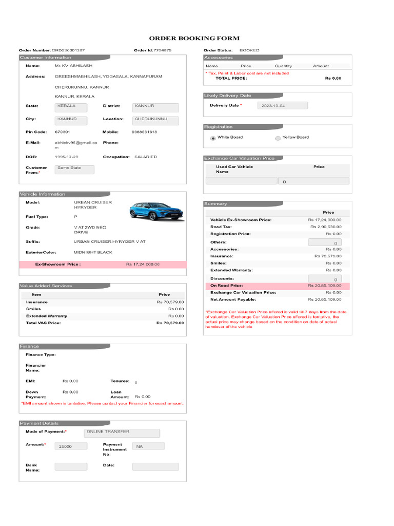 Hyryder Booking Form | PDF
