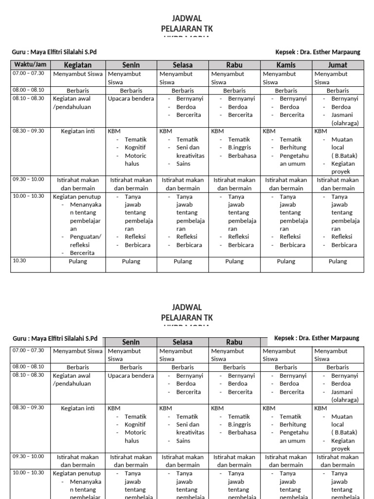 Jadwal Pembelajaran TK | PDF
