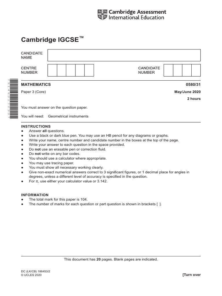 Cambridge IGCSE: Mathematics 0580/31 | PDF | Shape | Circle