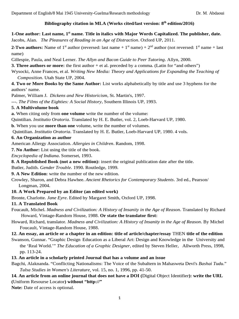 MLA Works Cited 8th Ed-2016-Summary | PDF | Encyclopedias | Facebook