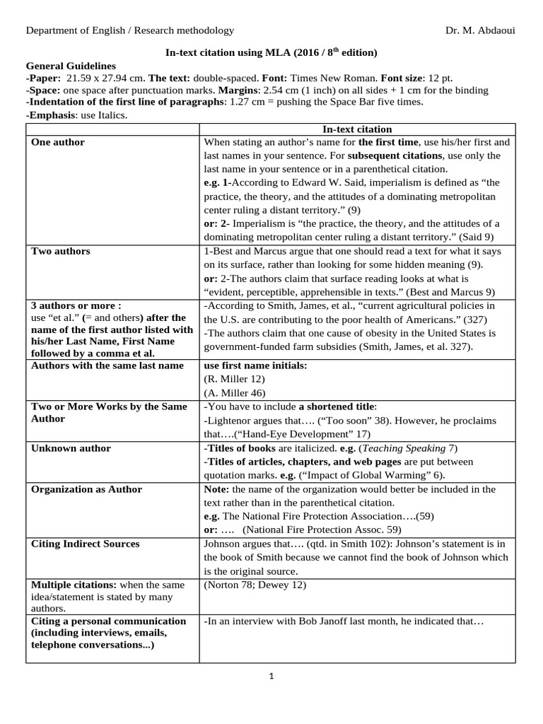 MLA 8th Ed. 2016 In-Text Citation | PDF | Citation | Text