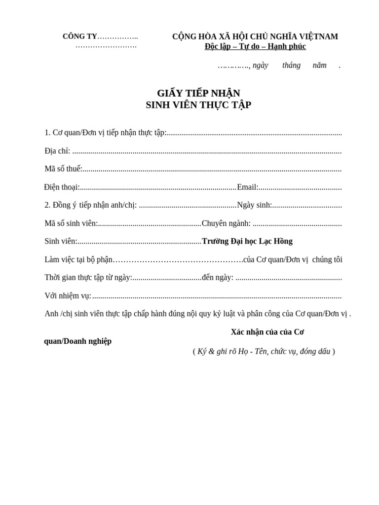 Bieu Mau 2 Giay Tiep Nhan Cua Don VI Thuc Tap | PDF