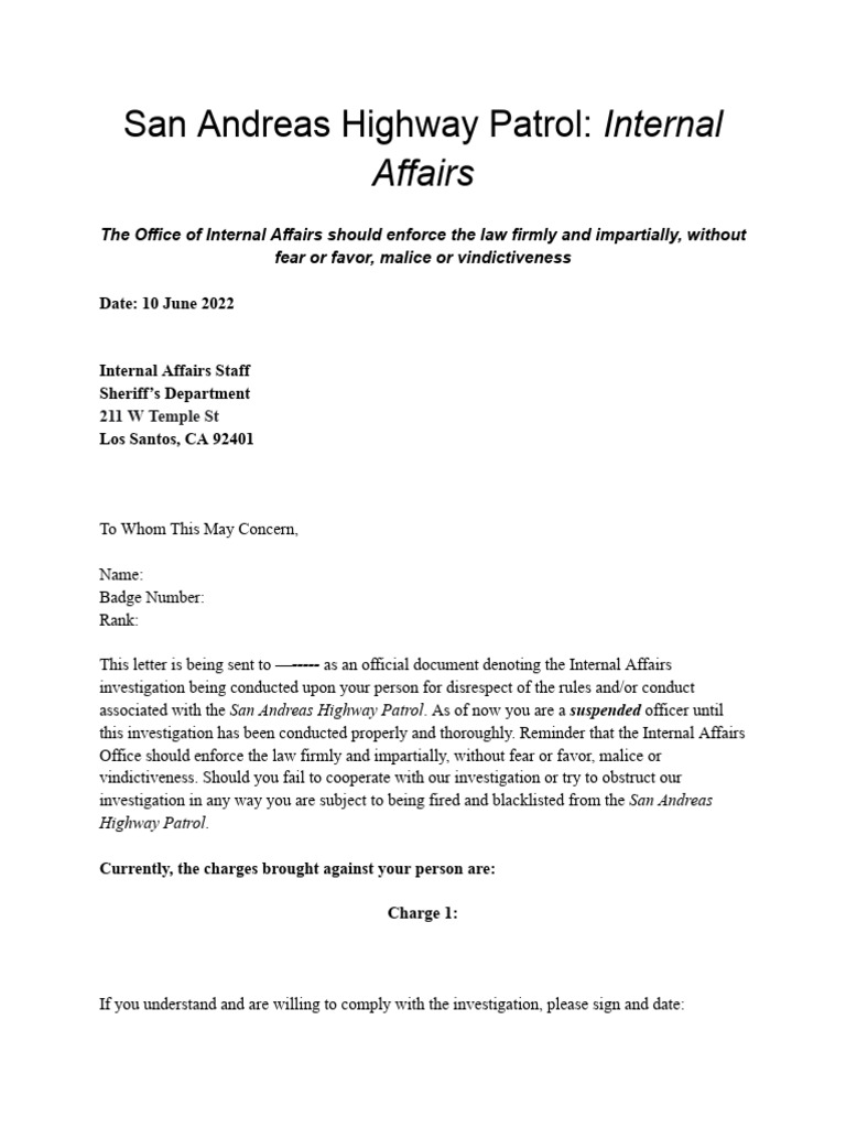 Internal Affairs Investigation Notice | PDF