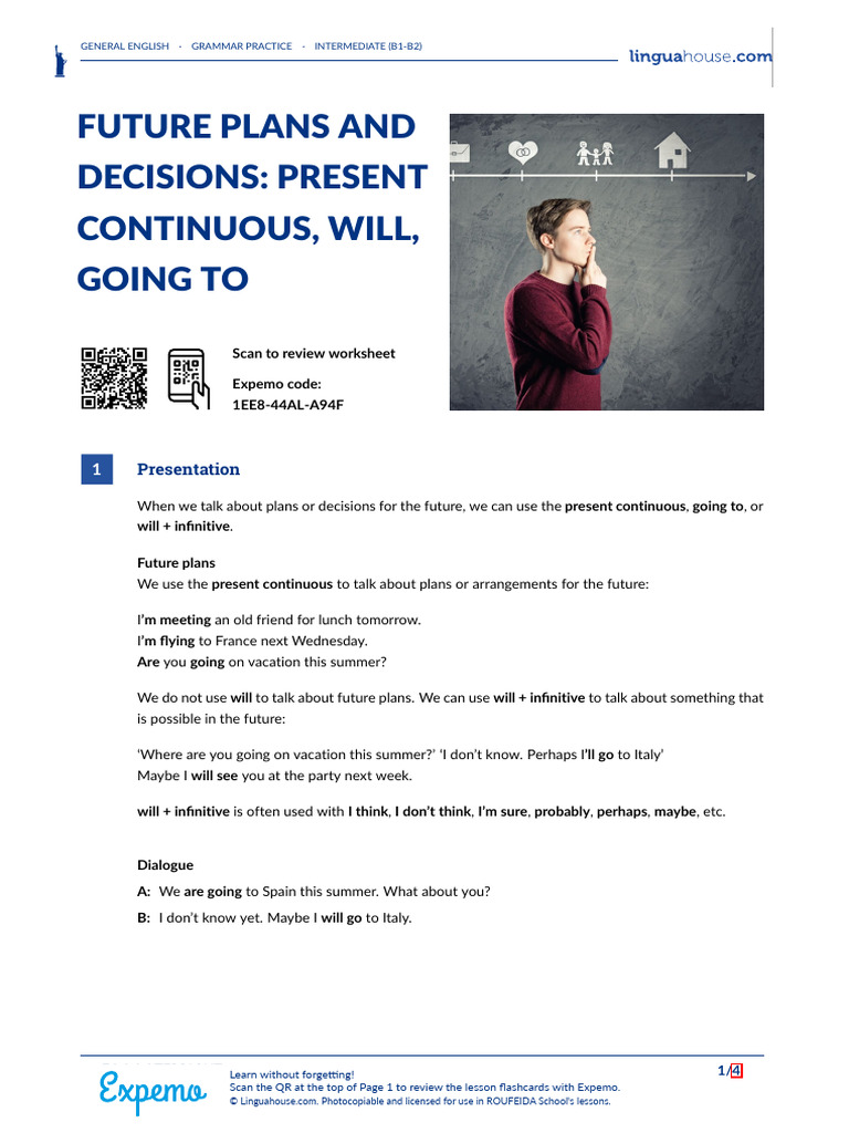 Future Plans and Decisions Present Continuous Will Going To American English Student B1 B2 | PDF