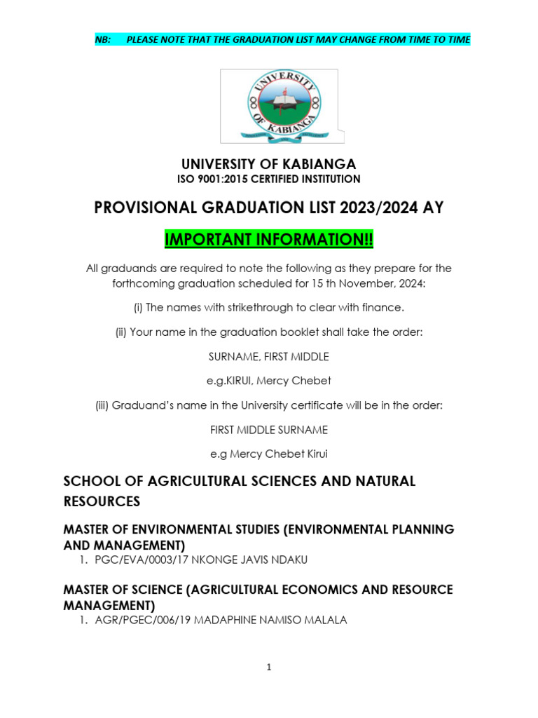 Provisional Graduation List 2023/2024 | PDF | Academic Degree ...