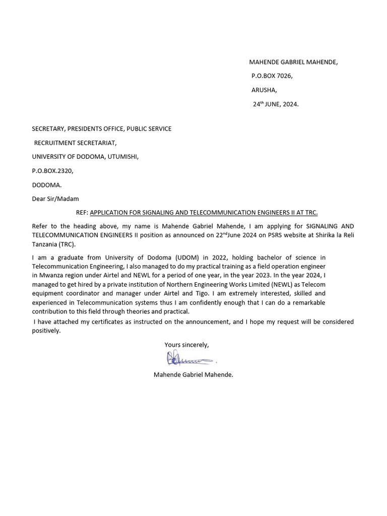 Mahende Gabriel Application Letter For Signaling & Telecommunication ...