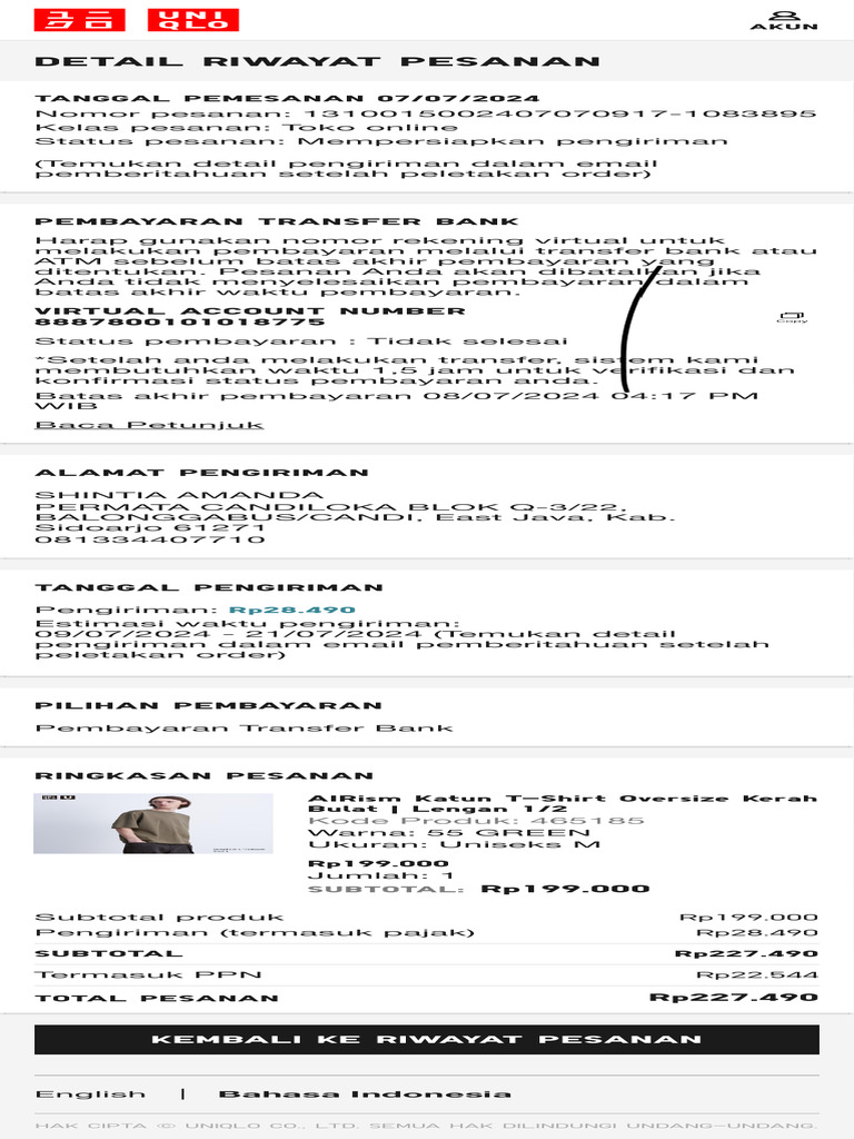 Detail Riwayat Pesanan Uniqlo Id | PDF