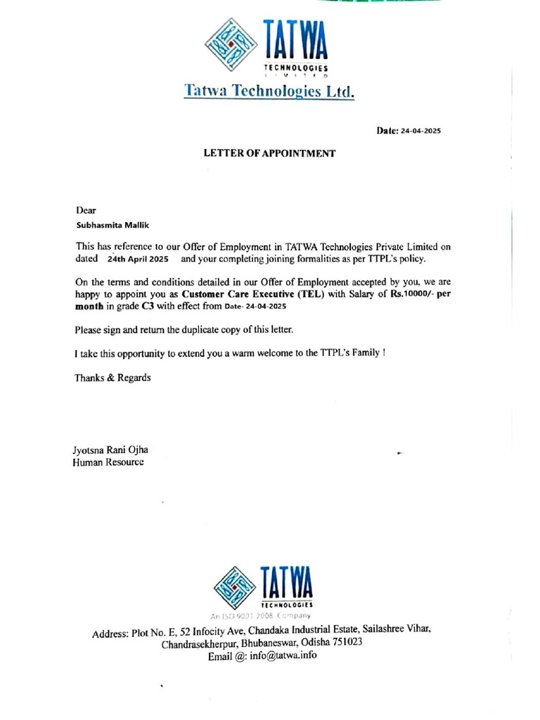 96)Subhasmita Das Offer Letter | PDF