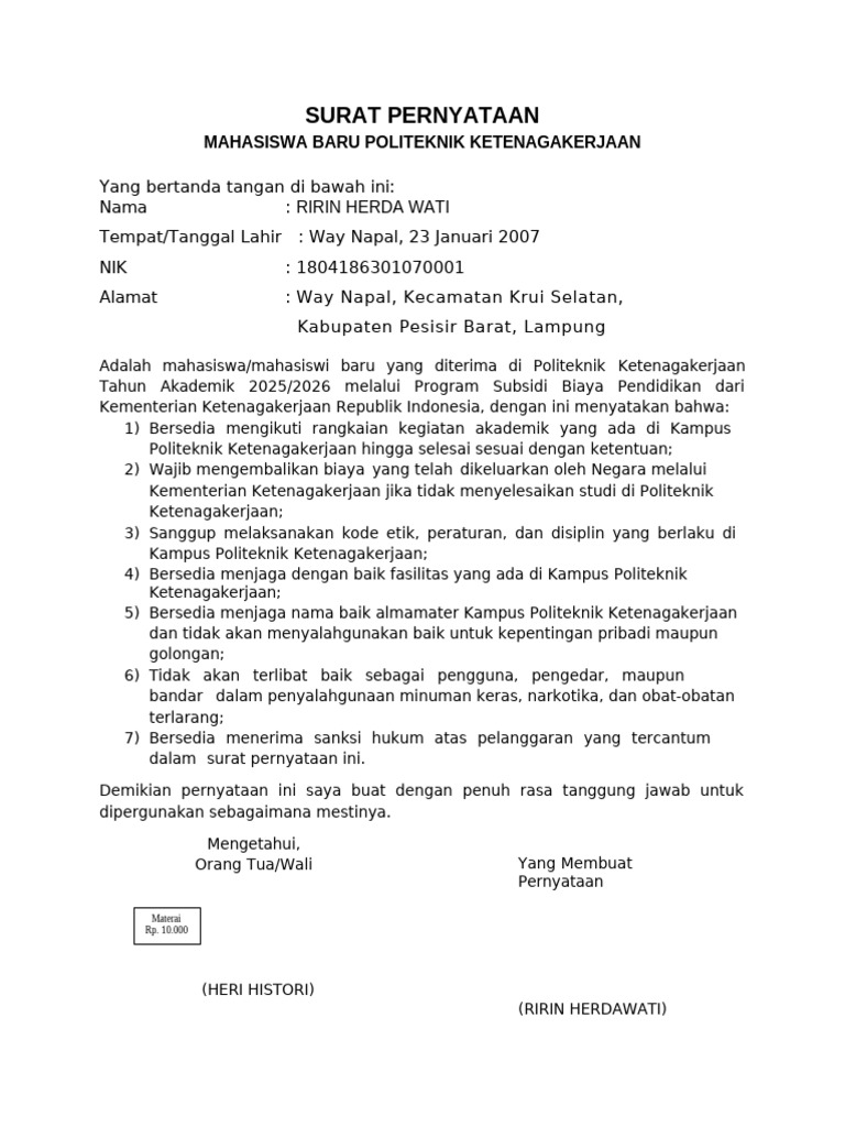 Surat Pernyataan PMB 2025 | PDF
