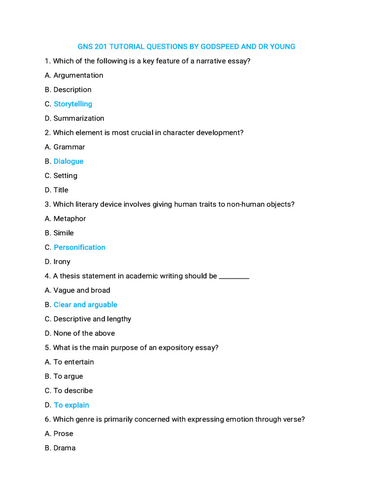 Gns 201 Tutorial Questions by Godspeed and DR Young | PDF | Essays | Narrative