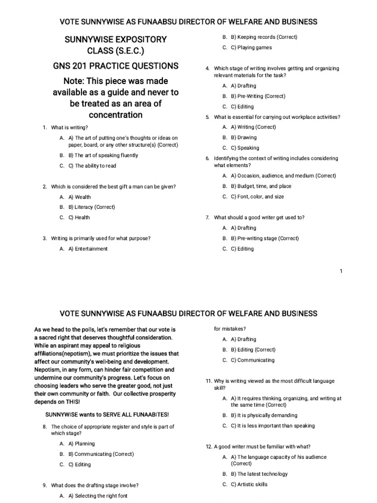 GNS 201 Practice Questions. Sunnywise | PDF | Essays | Argument