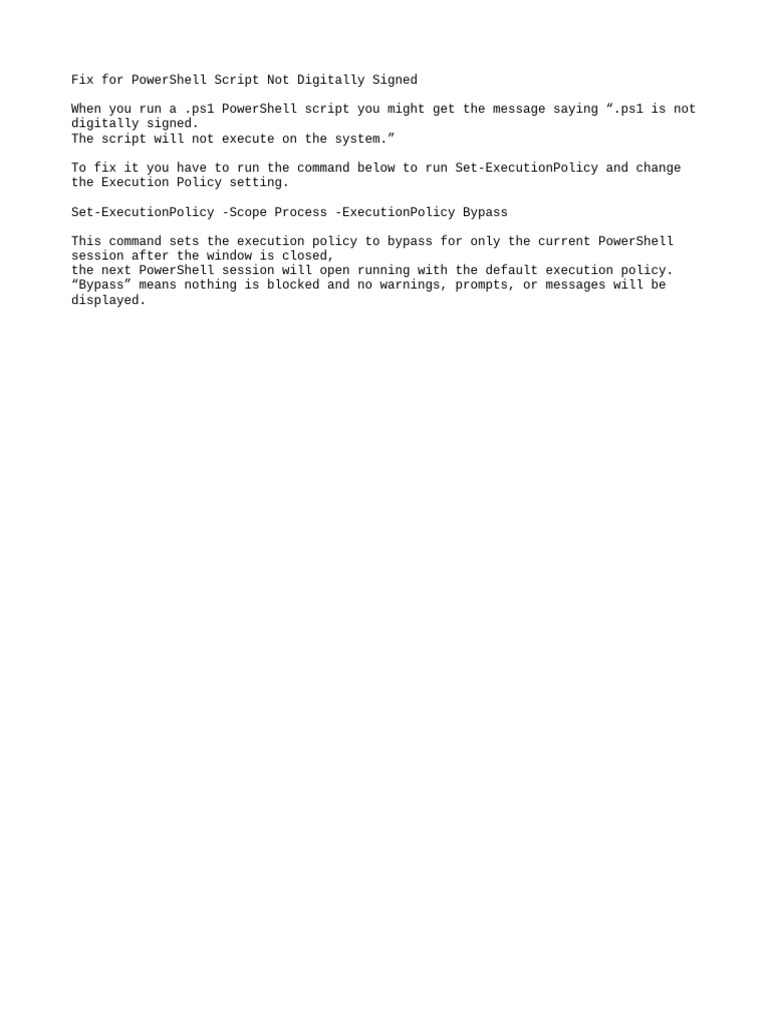 Fix for PowerShell Script Not Digitally Signed | PDF Fix for PowerShell Script Not Digitally Signed | PDF