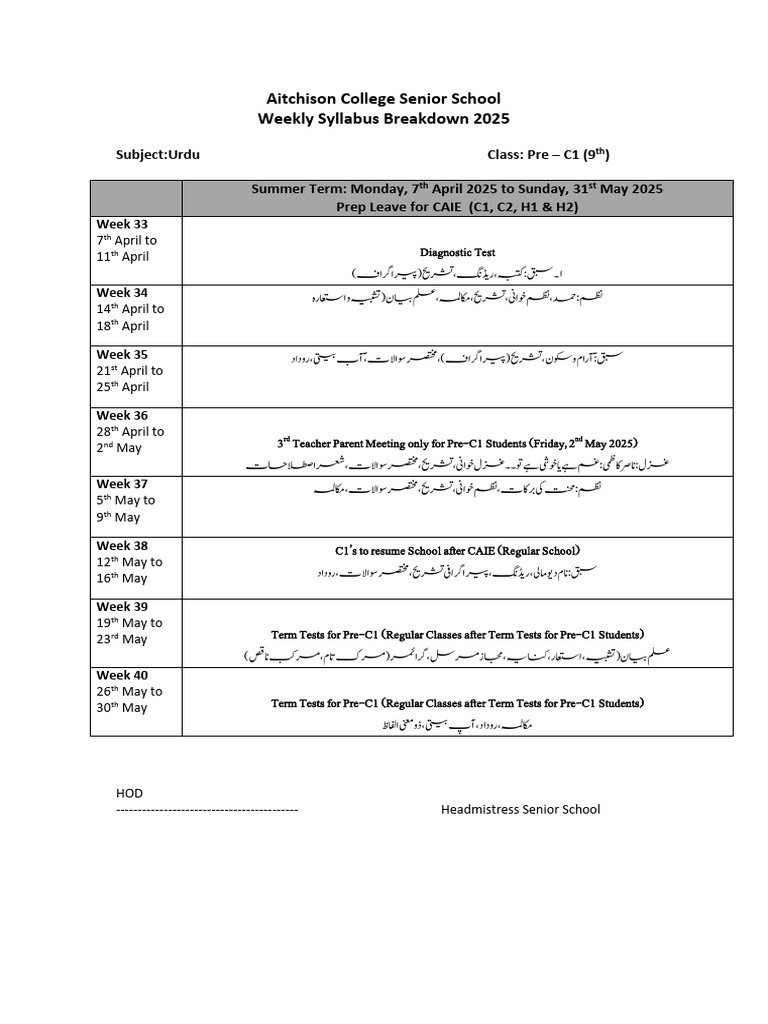 Pre-9th Urdu Weekly Syllabus Breakdown 2025 | PDF