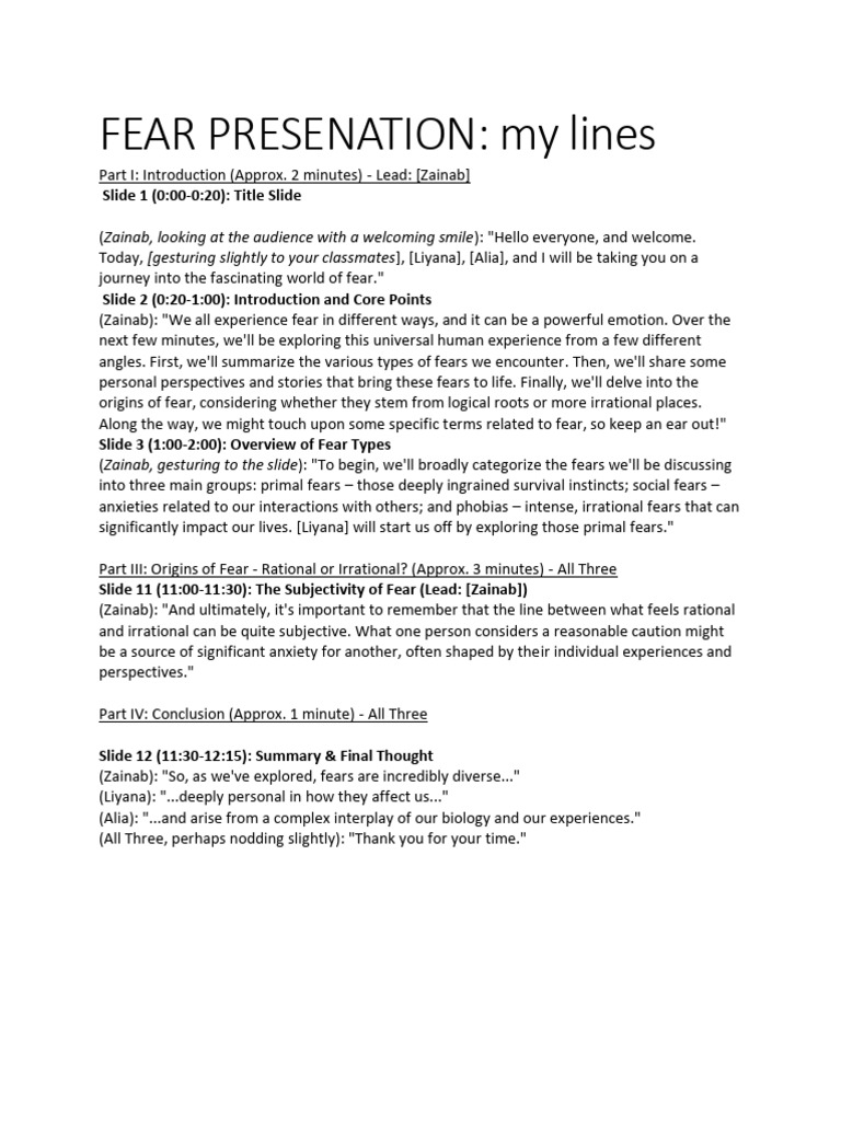 FEAR PRESENATION my lines | PDF | Fear | Phobia