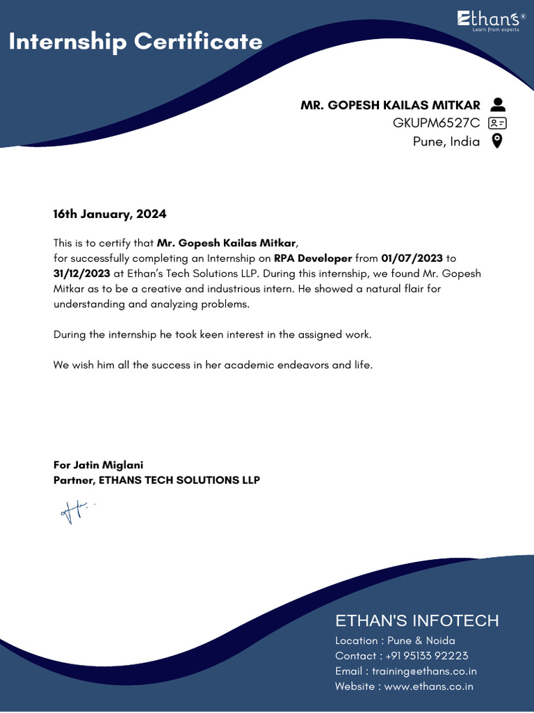 Internship Certificate - Mr. Gopesh Kailas Mitkar | PDF