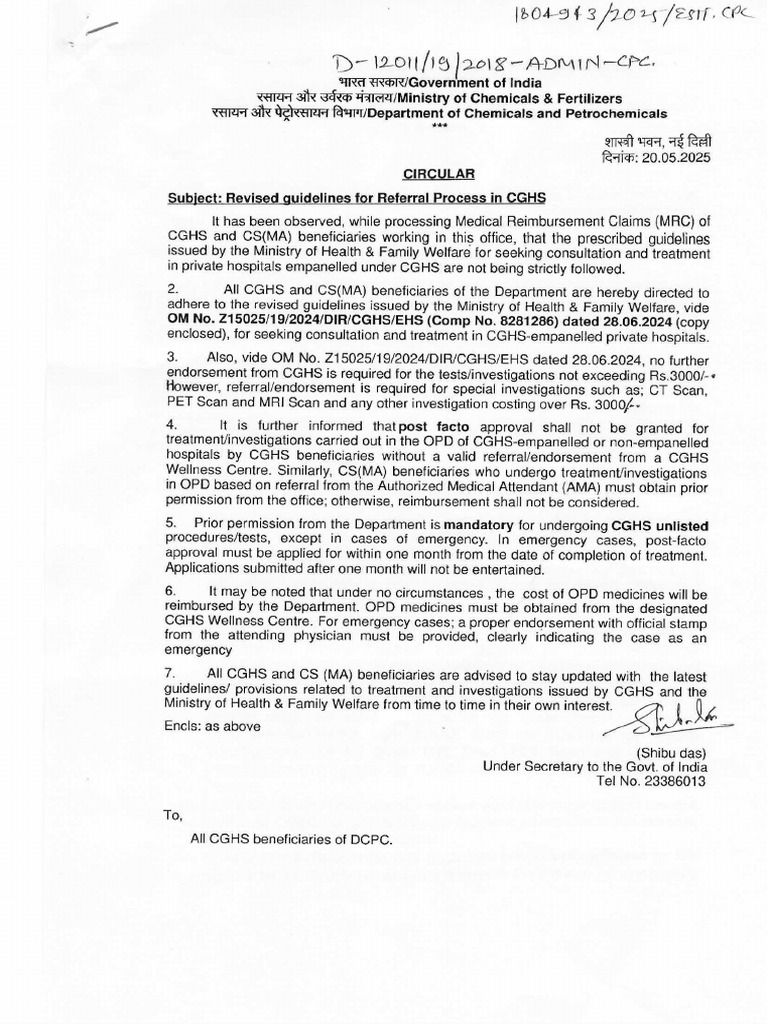 Circular Regarding Referral System in CGHS | PDF