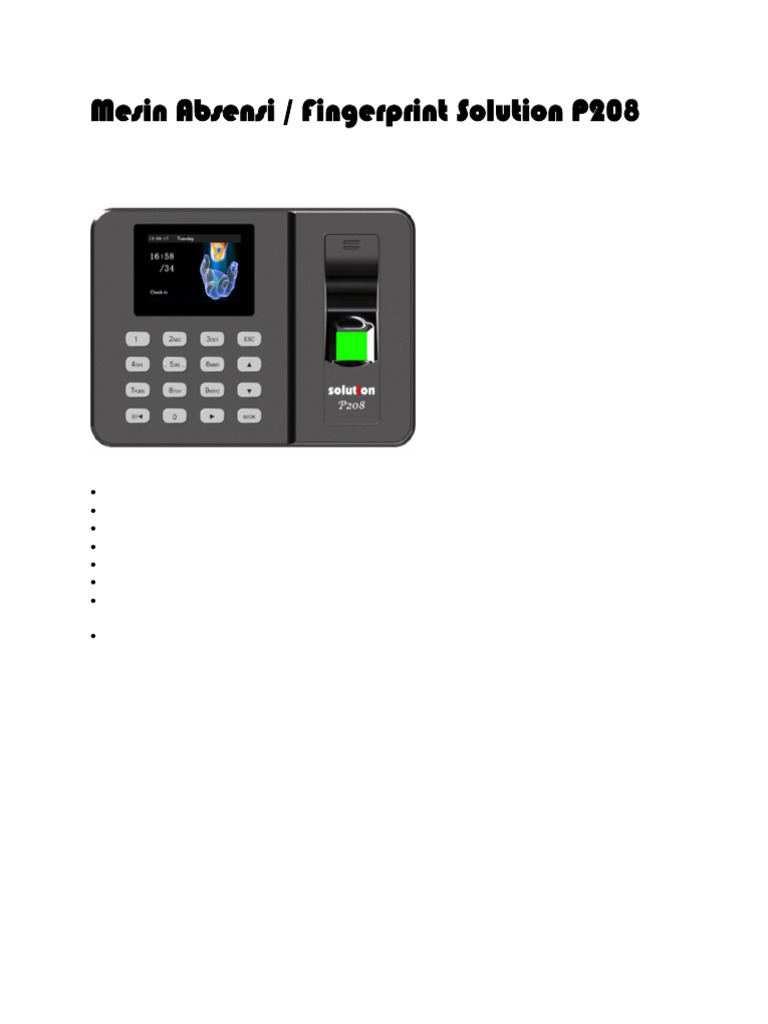 Mesin Absensi Fingerprint Solution P208 | PDF