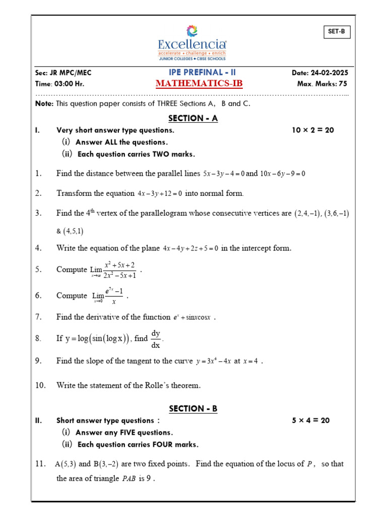 02-JR Maths-Ib - Pre Final-Ii - Ipe - Set-B (24-02-2025) | PDF | Tangent | Slope