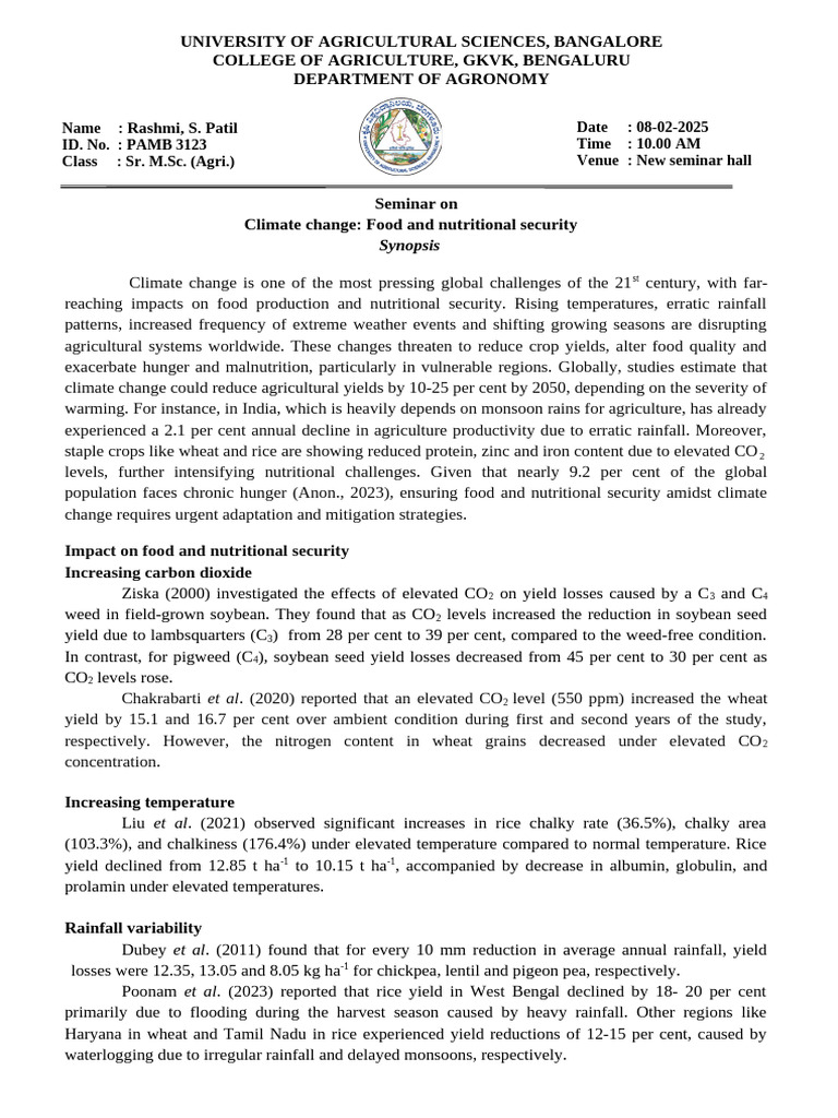 1st Seminar Synopsis Corrected..RASHMI | PDF | Agriculture | Climate Change
