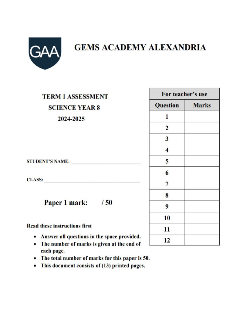 Exam Year 7 Term 2 Science | PDF