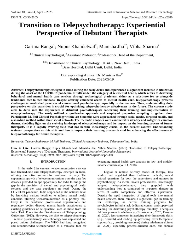 Transition to Telepsychotherapy: Experiential Perspective of Debutant Therapists | PDF ...