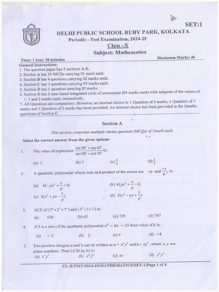 CL 10 Pre-Mid Term Maths 2024-25 | PDF