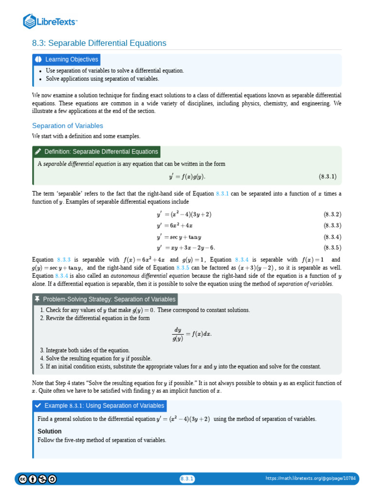 8.3 Separable Differential Equations | PDF | Equations | Mathematical Analysis