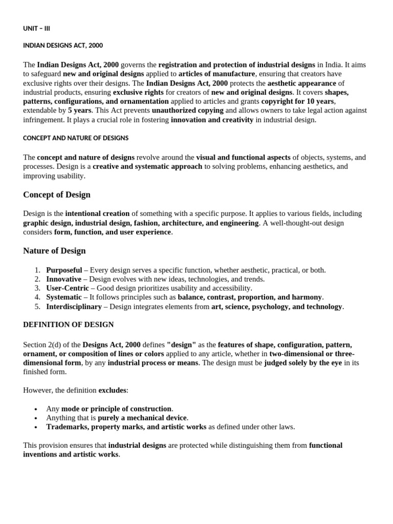 Indian Designs Act, 2000 Unit Iii | PDF | Copyright Infringement | Patent