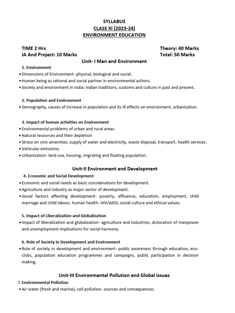 Class XI Environment Education Syllabus | PDF | Energy Development ...