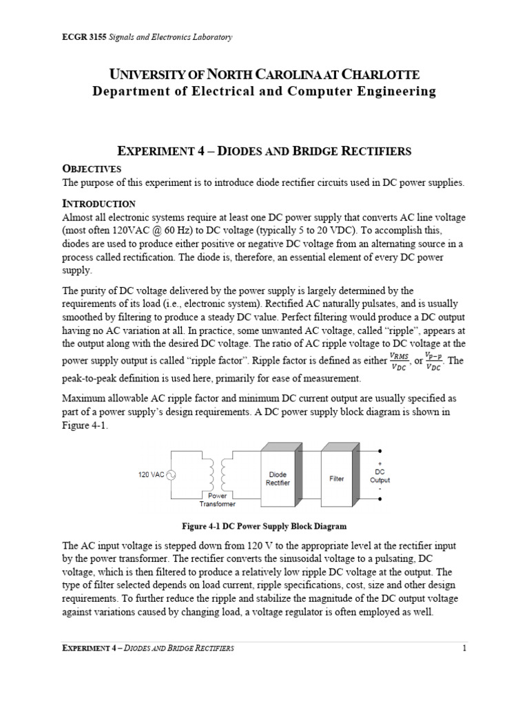 Ecgr3155 Experiment 4 Diodes and Rectifiers - 06142019 | PDF | Rectifier | Power Supply