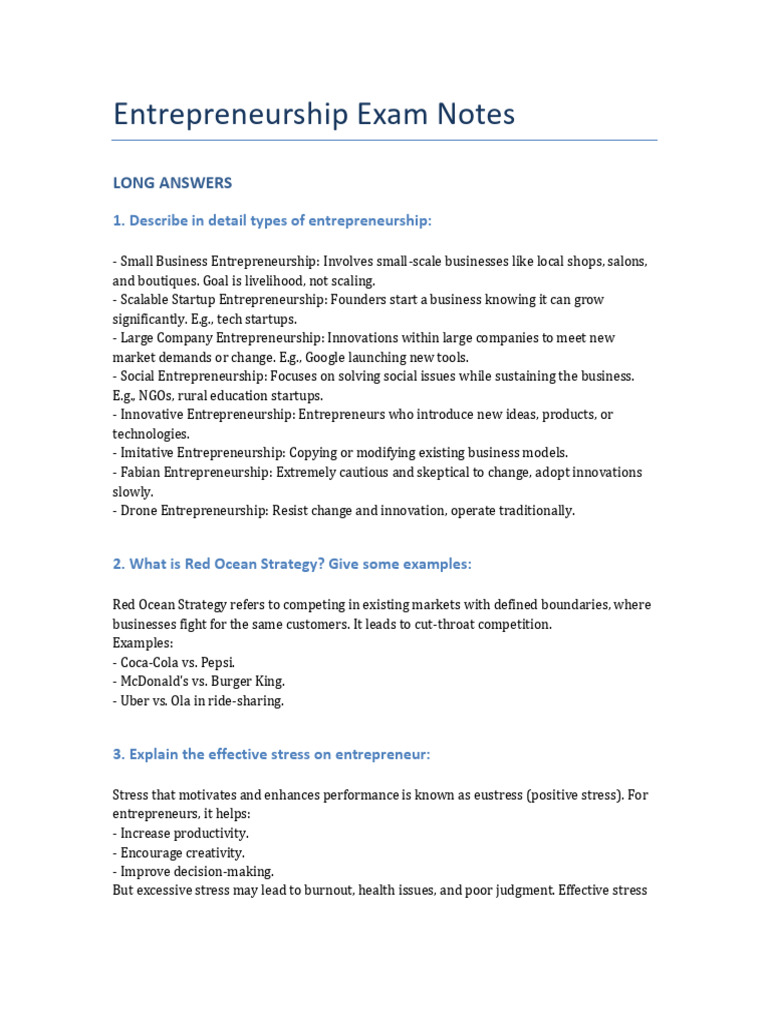 Entrepreneurship Exam Notes | PDF | Entrepreneurship | Startup Company