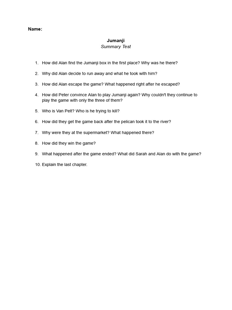 Jumanji - Summary Test | PDF