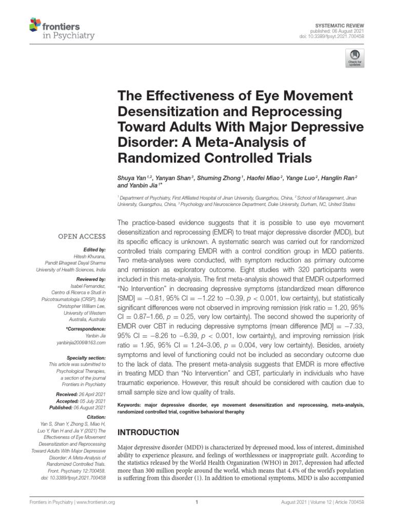 Yan, 2021 EMDR depressive symptoms | PDF | Eye Movement Desensitization And Reprocessing | Major ...