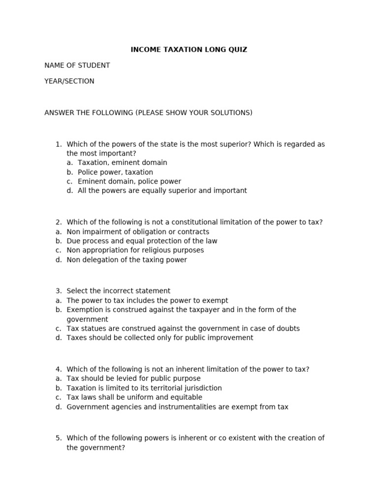 Income Taxation Quiz Overview | PDF | Gross Income | Taxes