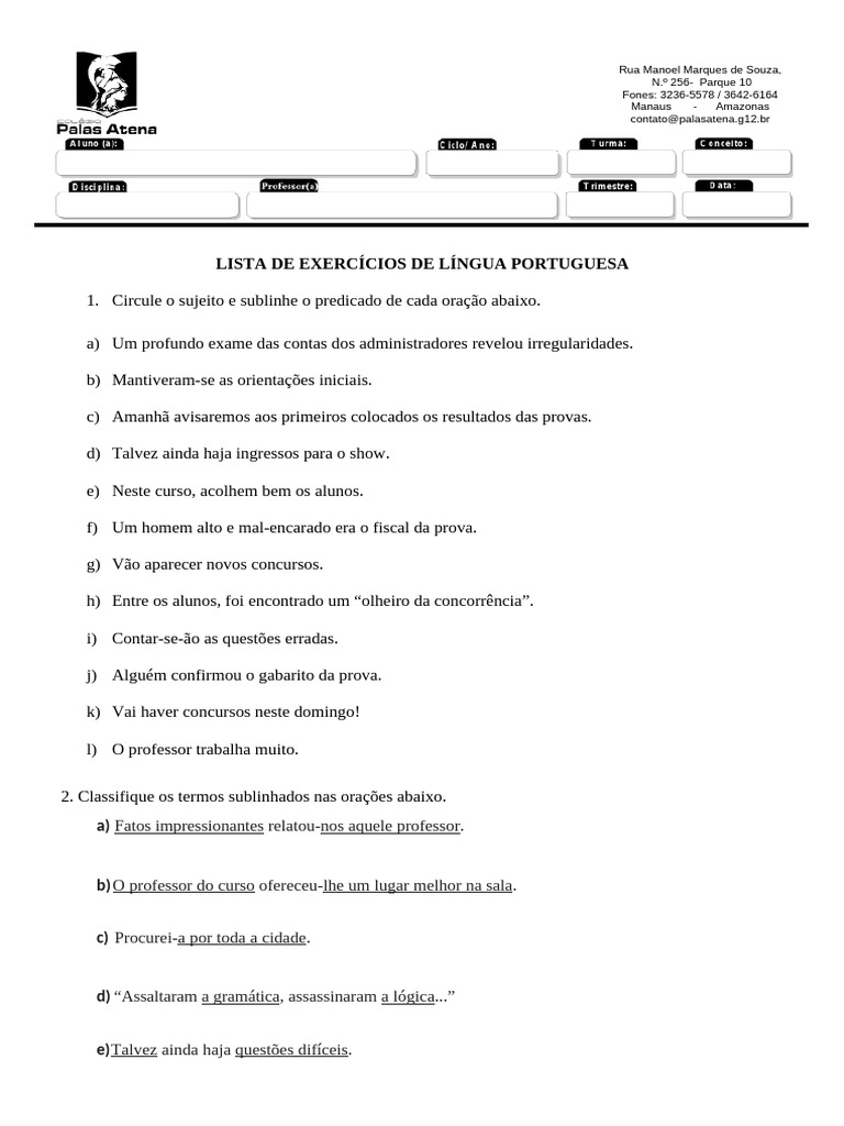 Lista de Exercícios 821 Dez. | PDF | Gramática | Linguística