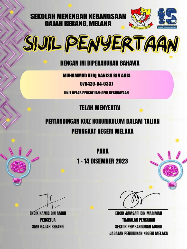 E-Sijil Penyertaan Kuiz Kokurikulum Muhammad Afiq Danish Bin Anis | PDF