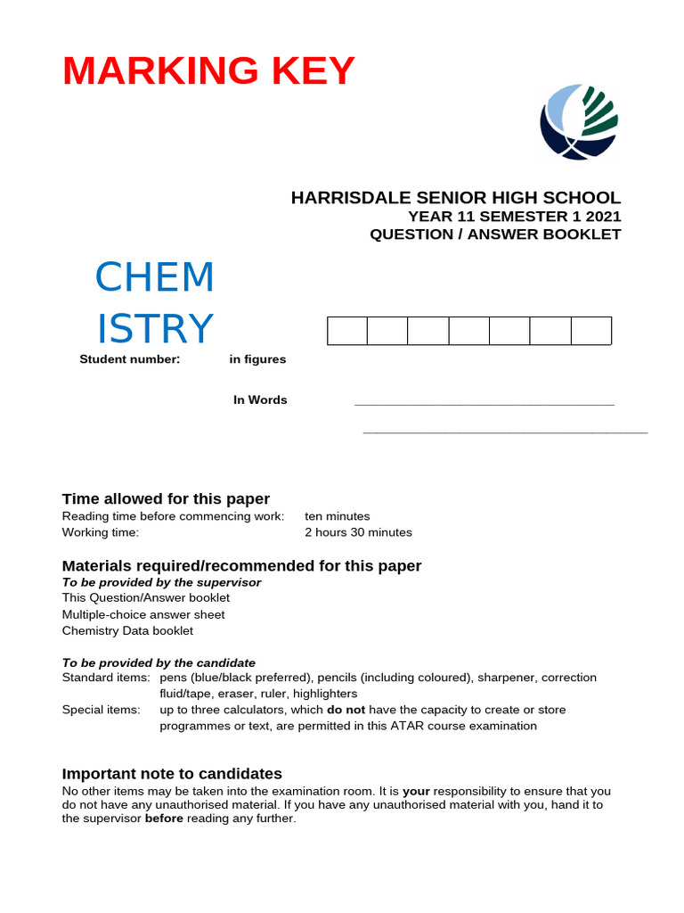 (1.1) Sem 1 Chemistry Exam-Year 11 - 2021 Marking Key | PDF | Chemical ...