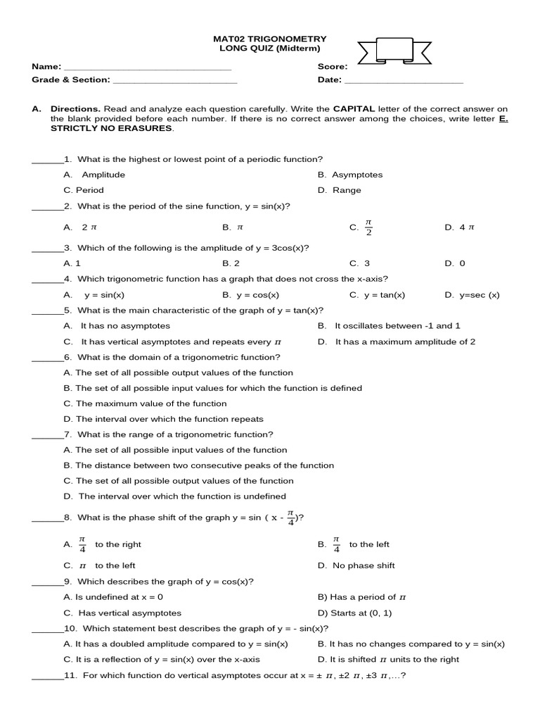 Mat02 Long Quiz Midterm2024 25 | PDF | Trigonometric Functions | Function (Mathematics)