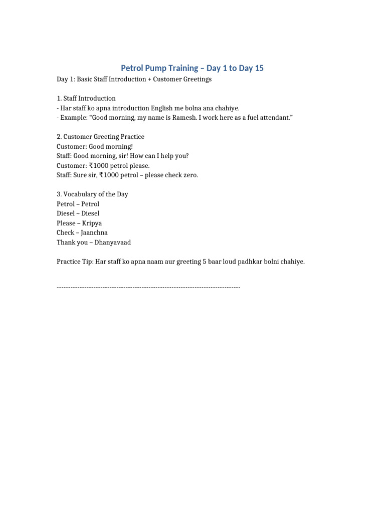 Petrol Pump Training Day1 To Day15 Sinwar | PDF